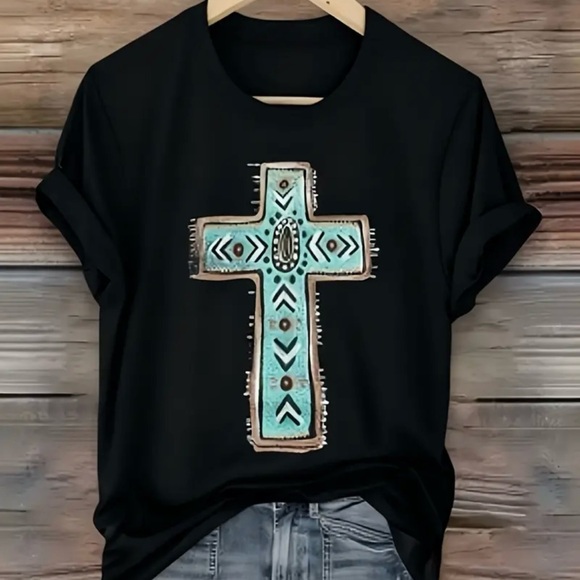 Tops | Black Tshirt With Turquoise Cross Design | Poshmark